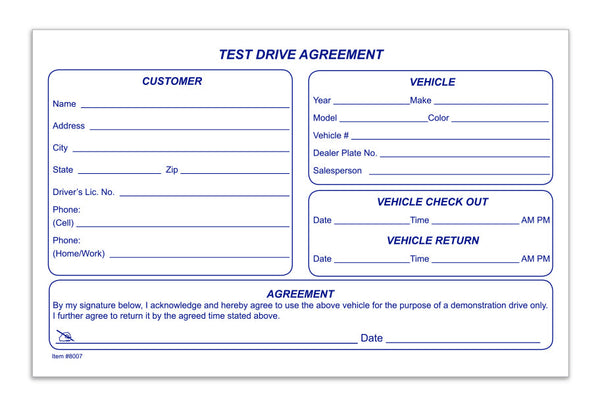 Test Drive Agreement Form - 20# White – Autostoresupply.com