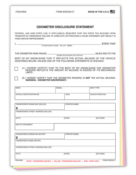 Odometer Disclosure Statement ODOM-CT – Autostoresupply.com
